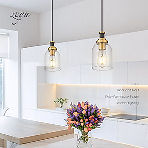 zeyu Modern Hanging Pendant Lights 2 Pack, Kitchen Pendant Lighting with Clear Glass Shade, Black and Gold Finish, ZG33M1L-2 BK+BG