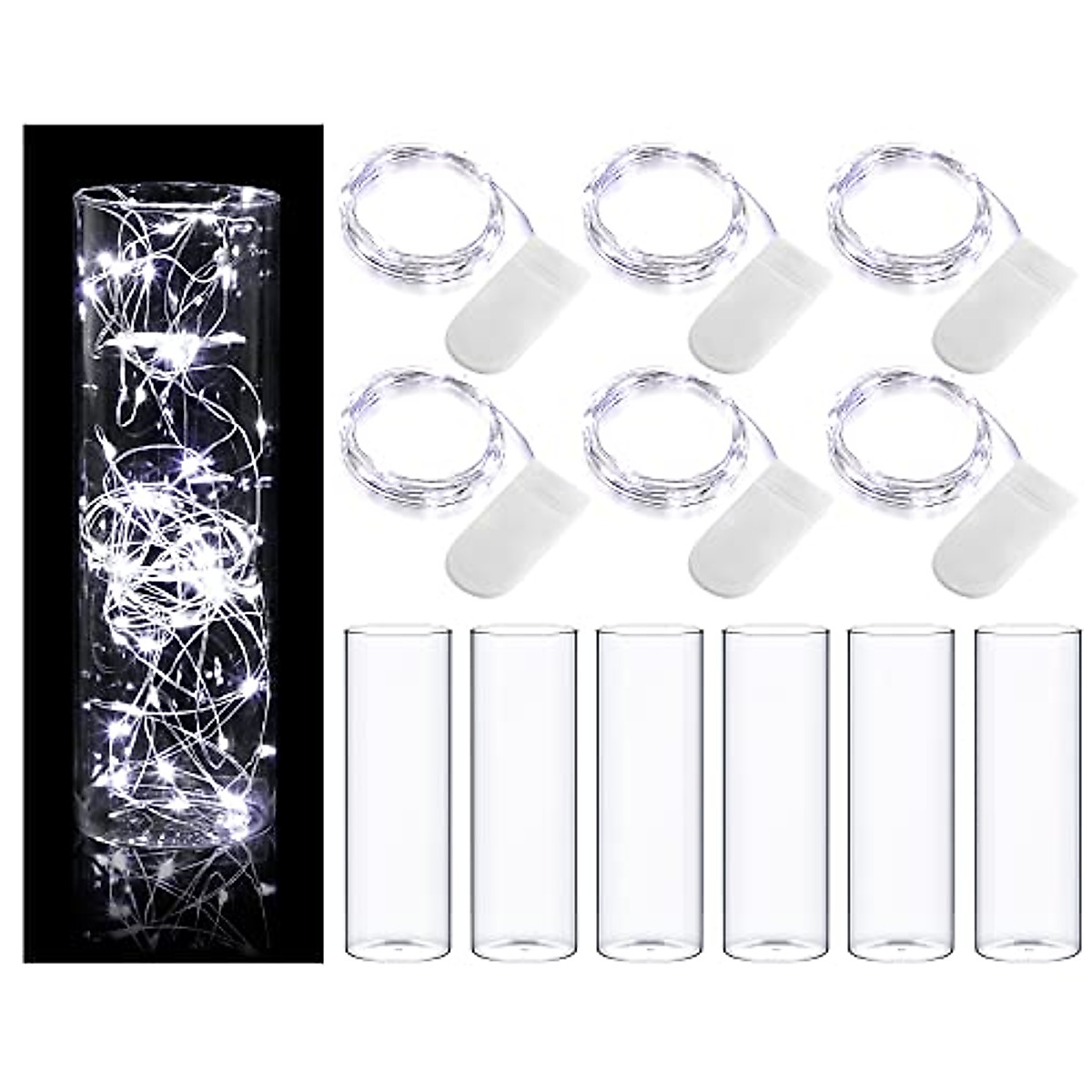 Clear Glass Vases Cylinder Vases for Centerpieces and 10 ft 30 LED White Fairy Lights Battery Operated Mini String Lights for Jar DIY Wedding Party Home Table Christmas Decor (12 Set)