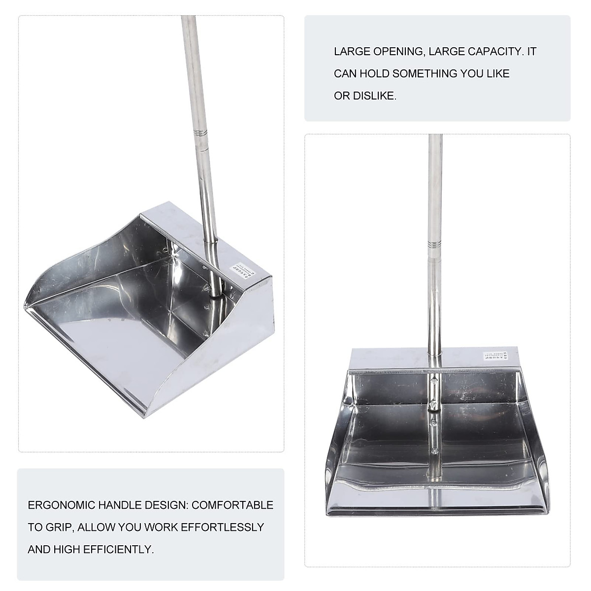 TOPBATHY Stainless Steel Dustpan with Long Handle Metal Upright Dustpan Heavy Duty for Lobby Garage Home and Yard Home Shop Commercial and Industrial Use