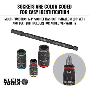 Klein Tools 32907 Impact Driver, 7-in-1 Impact Flip Socket Set with 1/2, 7/16, 3/8, 11/32, 5/16, 1/4 Nut Driver Sizes and 1/4-Inch Bit Holder