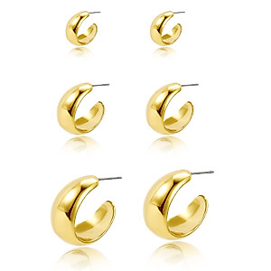 Gold Hoops Chunky Earring Set - 14k Real Gold Plated Hypoallergenic Waterproof Chunky Teardrop Half Open Huggie Earrings Set for Women Trendy Jewelry