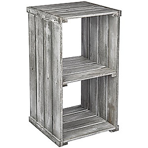 MyGift 2 Tier Rustic Dark Gray Wood Crate Design Storage Shelf Organizer Cubby, Small Bookcase Shelving Unit, Side Accent Table Nightstand with Shelves