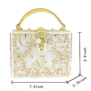 Acrylic Purses and Handbags for Women Flower Ladies Evening Crossbody Shoulder Bag Rhinestones Top-Handle Tote Clutch Box Bag (White)