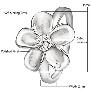925 Sterling Silver 15mm Hawaiian Plumeria Flower Ring with Cubic Zirconia, 14K Gold Plated, Nickle Free Hypoallergenic for Sensitive Skin, Hawaii Island Jewelry, with Gift Box (7, Silver)