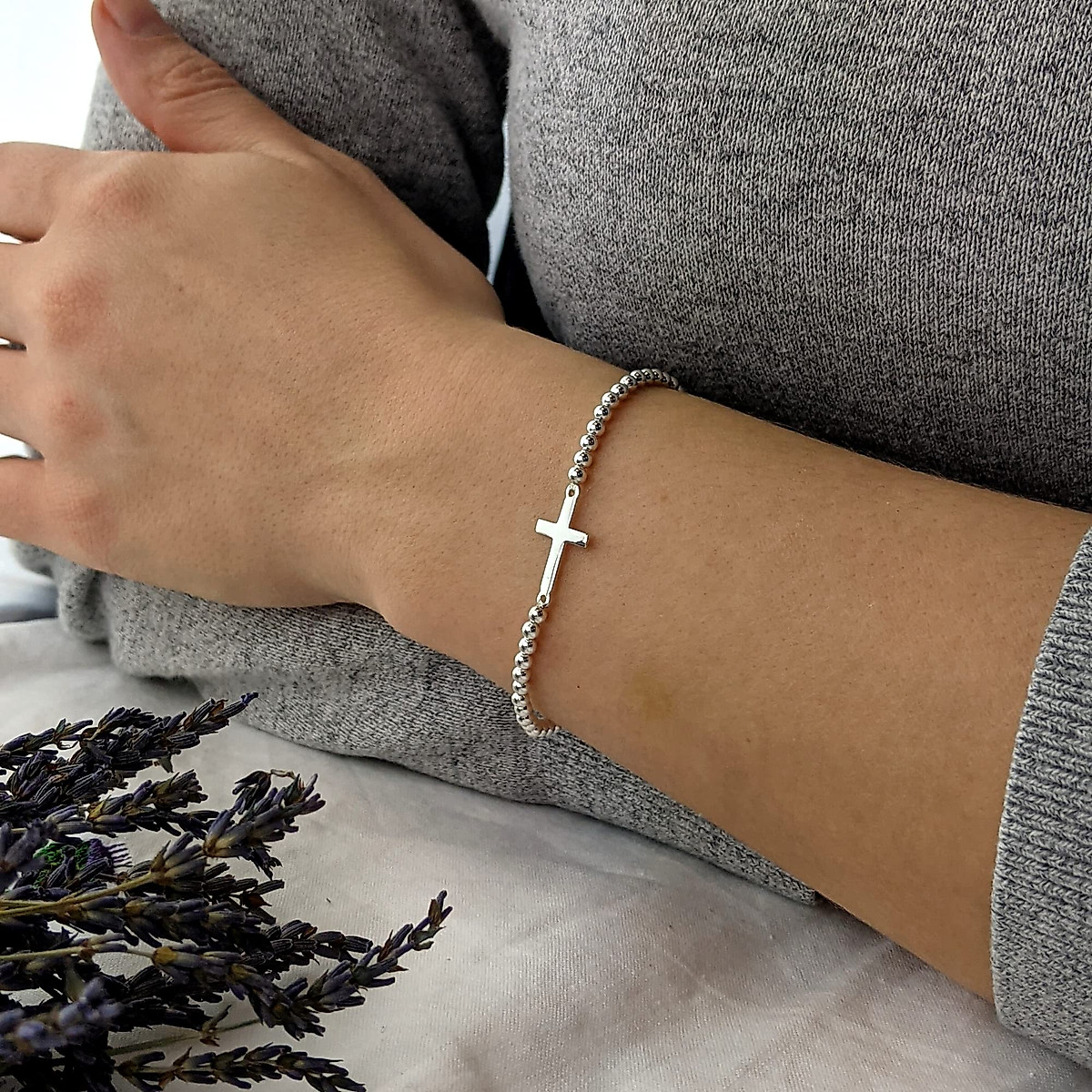 Silverly Cross Stretch 925 Sterling Silver Bracelet for Women - Ball Beaded Best Friend Bracelet - Bead Elastic String Bracelets - Christian Gifts for Women - Bracelet for Teen Boys and Teen Girls