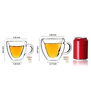 CNGLASS Double Wall Heart Shaped Glass Coffee Mugs 8.5oz,Insulated Clear Tea Cups with Handle,Unique Glass Espresso Mugs for Coffee,Cappuccino,Latte,Milk,Set of 2