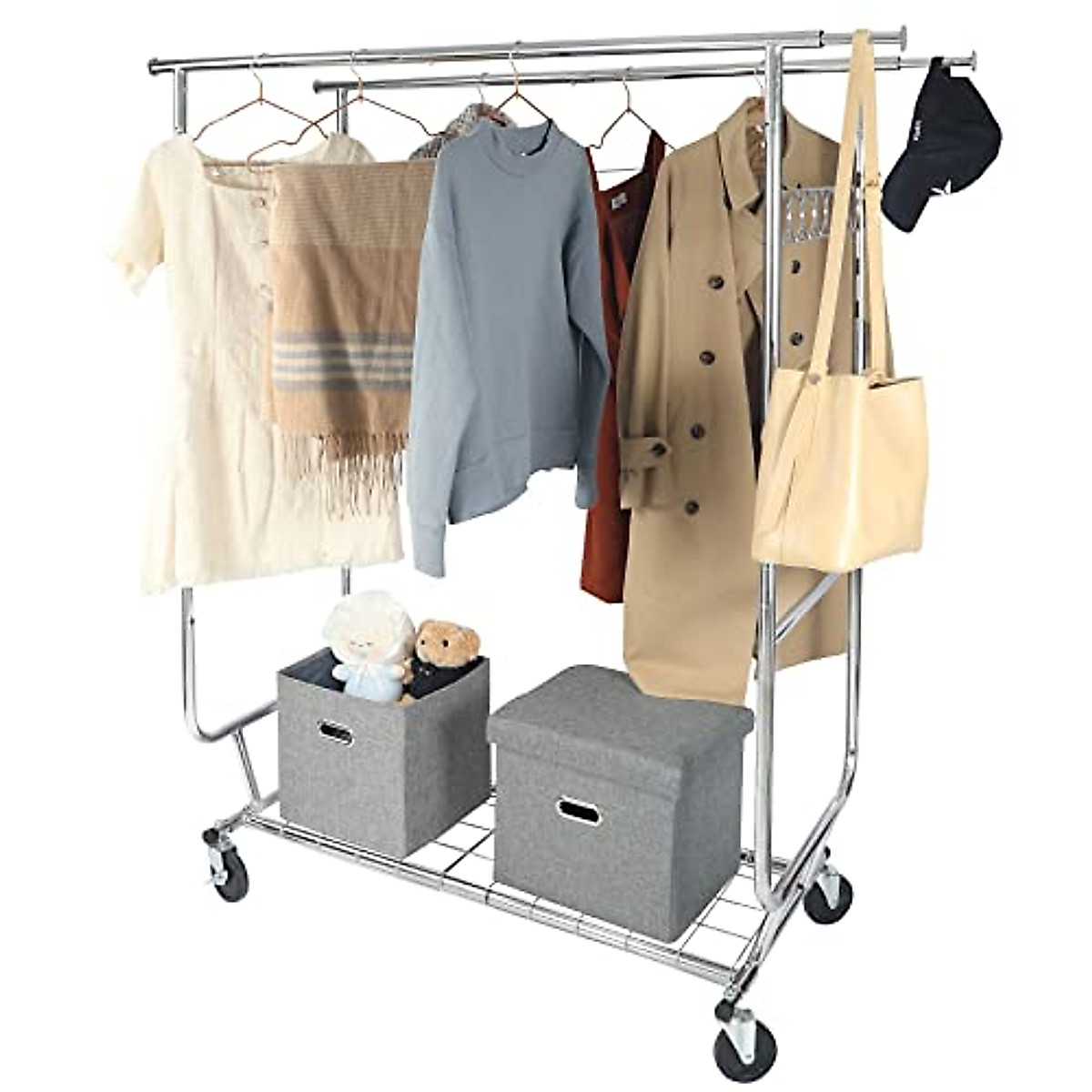 ALUPOM Extendable Double Rod Clothing Rack on Wheels with Shelves Capacity 330lbs, Heavy Duty Rolling Chrome Commercial Garment Rack for Hanging Clothes