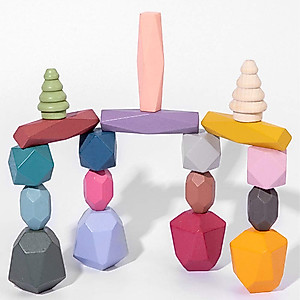 Elloapic 18Pcs Wooden Stone Stacking Stone Game Balance Classification Educational Toy, Balancing Blocks Stone Building Block Toys Home Decoration Wooden Rock Set