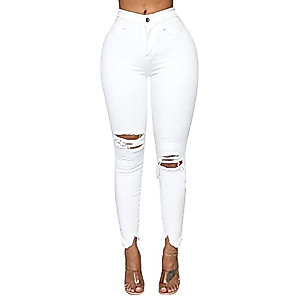 LONGYIDA Women's High Rise Ripped Skinny Jeans Stretch Slim Fit Distressed Destroyed Denim Ankle Pants(White,L)