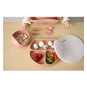 Baby Feeding Essentials Silicone Ange Smile 12 Set Bib, Baby Bowl, Suction Plate, Spoon, Fork Eating Utensils for 6+ Months Kids Toddler Kawaii Pink Peach