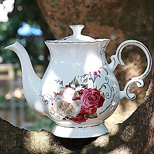 Jomop European Style Ceramic Flower Teapot Coffee Pot Water Pot Porcelain Gift Large 5.5 Cups (1, Rose)