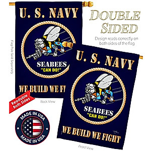 Breeze Decor Sea Bees House Flag Armed Forces Navy USN Seabee United State American Military Veteran Retire Official Decoration Banner Small Garden Yard Gift Double-Sided, 28" x 40", Made in USA