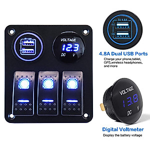 3 Gang Waterproof Marine Boat Rocker Switch Aluminum Panel, DC 12V/24V 5 Pin ON-Off Switch, with Upgrade Arc LED Digital Display Voltmeter and 4.8A Dual USB Slot Socket for Boat Car Rv Vehicles Truck