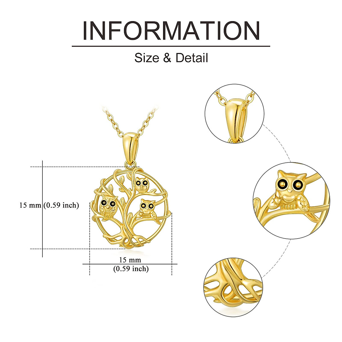 ELFRONT Owl Necklaces 14K Yellow Gold Owl 14kt Gold Owl Tree of Life Jewelry Gifts for Women