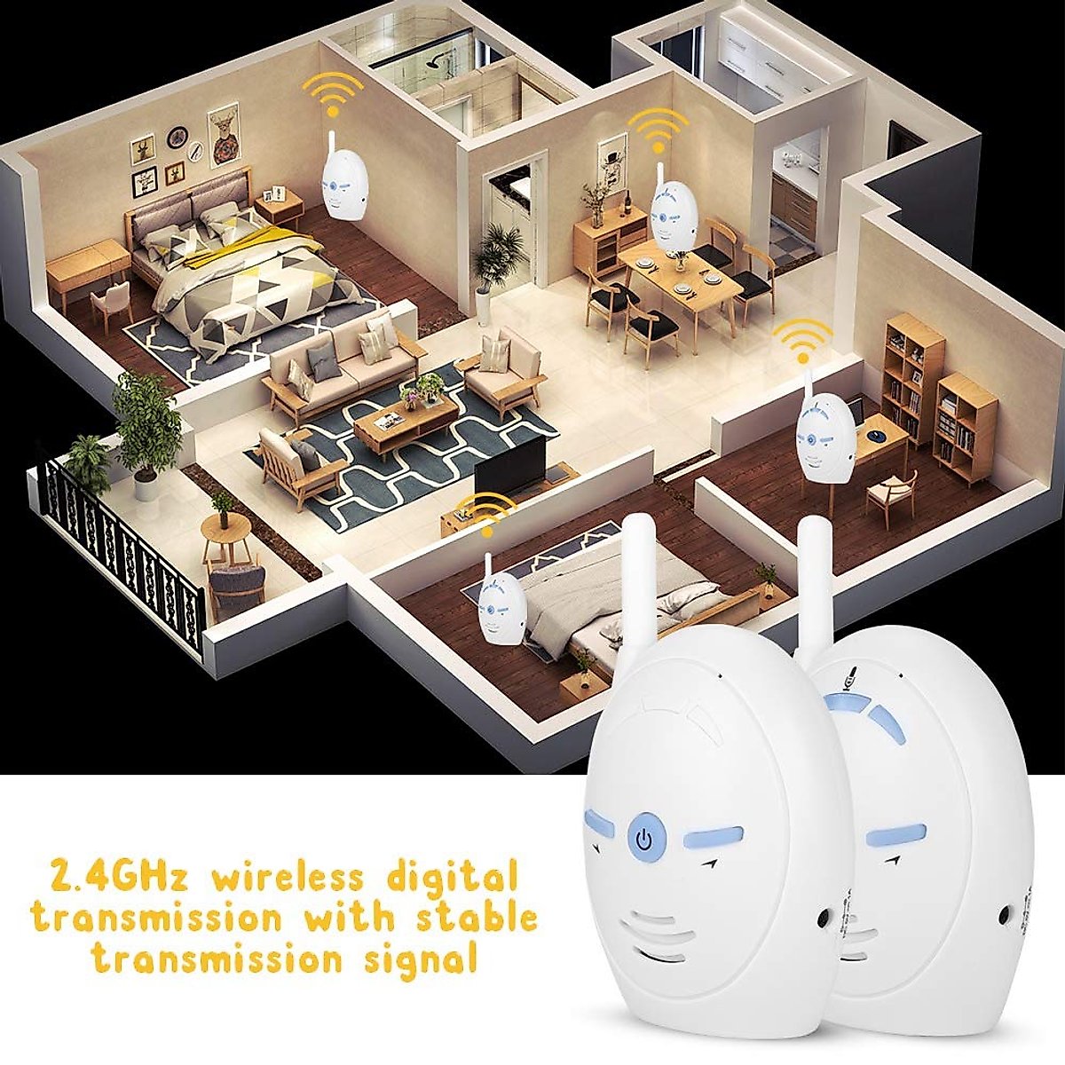 Bewinner Digital Audio Baby Monitor, 2.4Ghz Nanny Intercom Electronic Alarm Monitor,Support Two-Way Talk and Audio Monitoring,Plug and Play,Audio Monitor Range up to