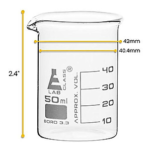 EISCO Beaker, 50ml - Low Form with Spout - White, 10ml Graduations - Borosilicate 3.3 Glass