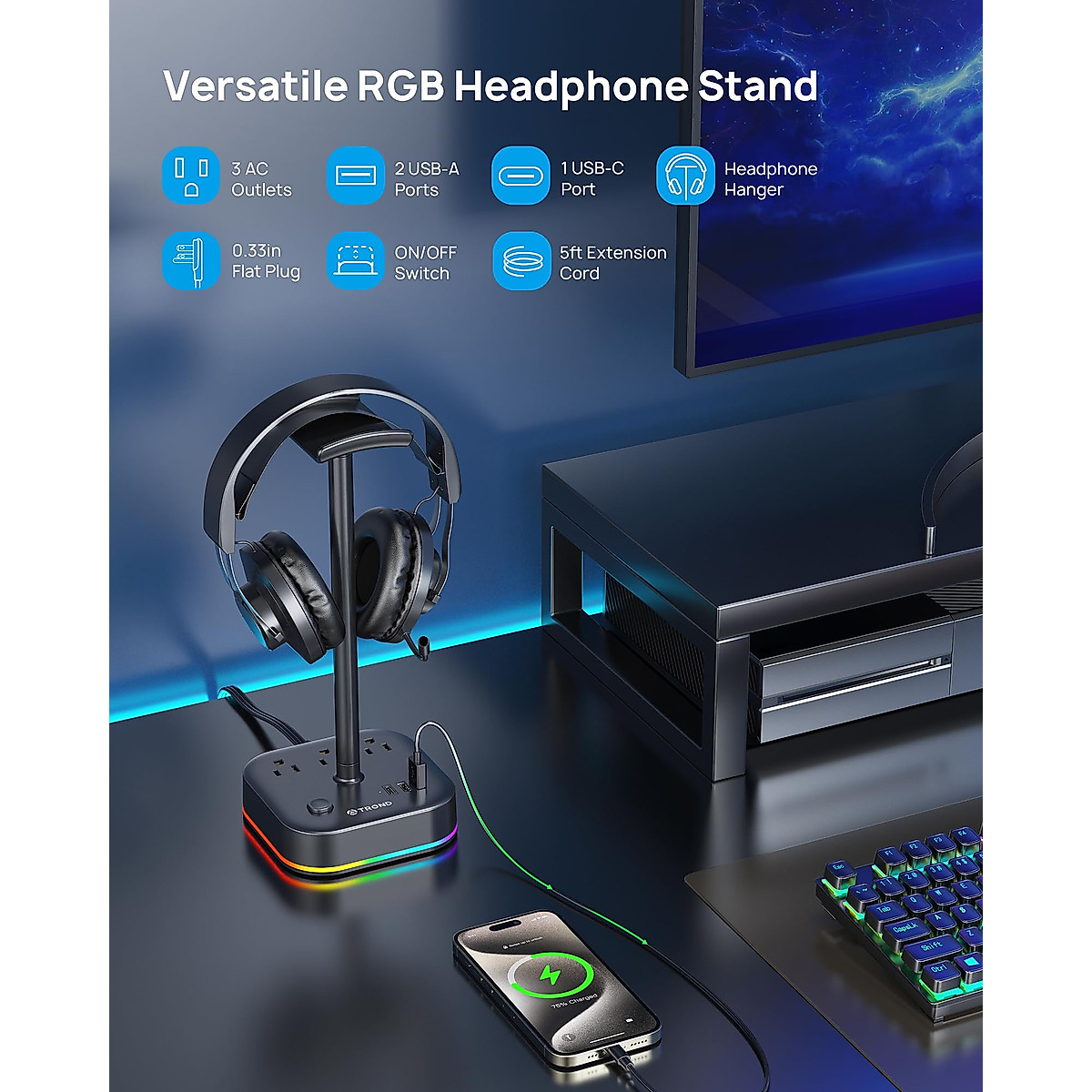 TROND Headphone Stand with USB C, Desk Gaming Headset Holder with 3 AC Outlets, 2 USB A and 1 USB C, Headset Stand with 5 RGB Light Modes, for Gaming Desk Accessories Gamer Boyfriend Gifts