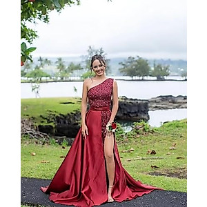 One Shoulder Sequin Prom Dresses Long Satin Ball Gowns for Women Sparkly Mermaid Formal Evening Dress with Slit Hot Pink (US20)