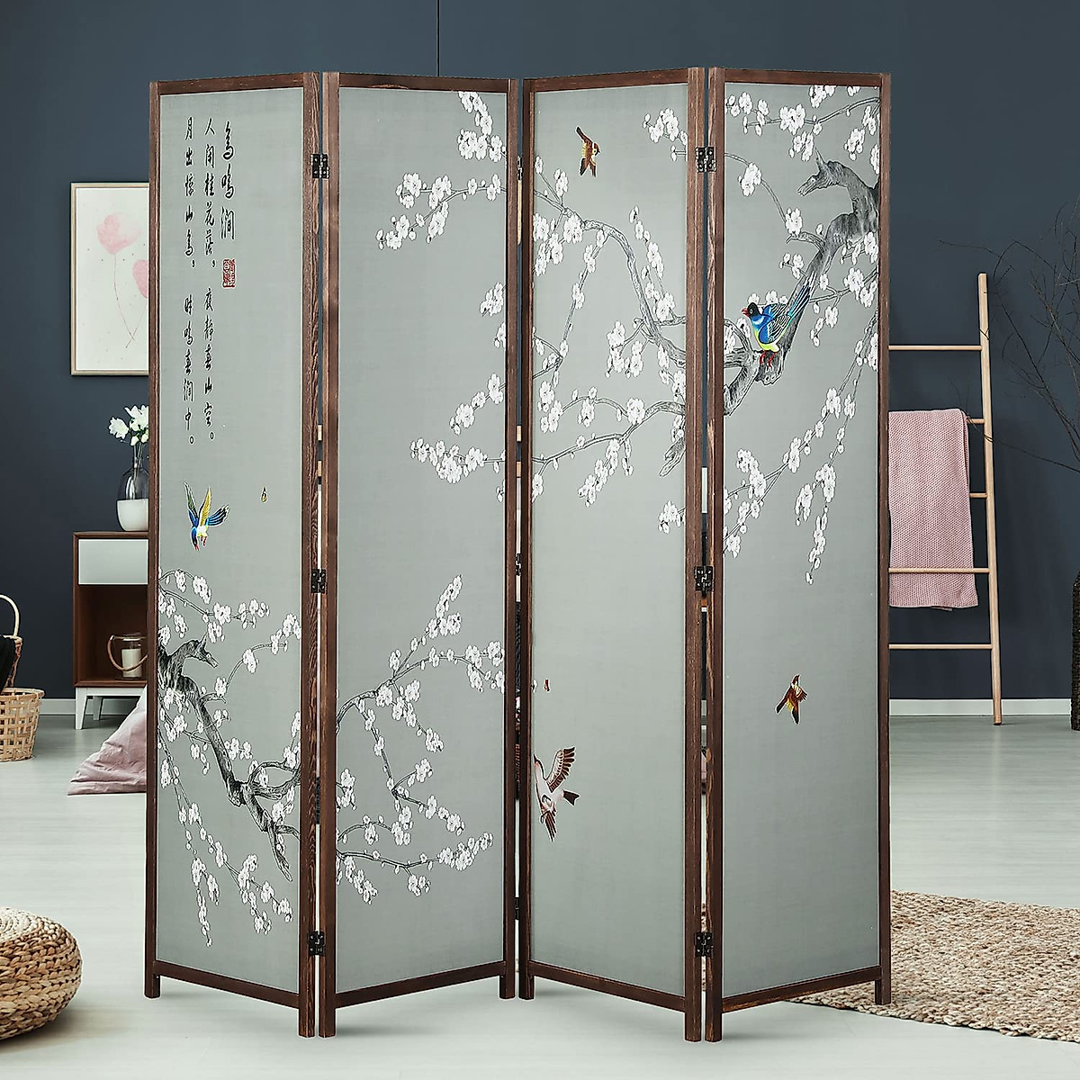 MyGift 4-Panel Asian-Inspired Folding Room Divider with Cherry Blossom Tree & Bird Design Poetry Calligraphy and Brown Wooden Frame