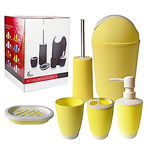 UNBAND Bathroom Accessories Set,6 Pcs Plastic Gift Set Toothbrush Holder,Toothbrush Cup,Soap Dispenser,Soap Dish,Toilet Brush Holder,Trash Can,Tumbler Straw Set Bathroom (Yellow)