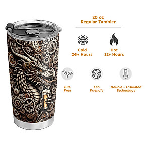 64HYDRO 20oz Steampunk Mechanical Engineer Clockwork Dragon Tumbler, Gaming, Gamer Gifts for Dragon Lovers, Stainless Steel Double Wall Vacuum Insulated Coffee Mug, Travel Cup with Lid