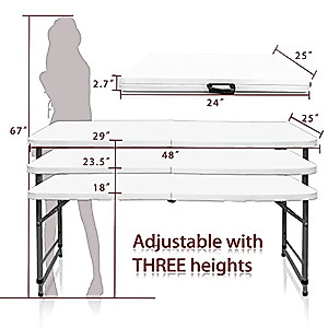 HYMnature Folding Tables 4 Foot Lightweight, Folding Table Height Adjustable Utility Bi-Fold Table Indoor Outdoor, Portable Plastic Picnic Chrismas Party Dining Camping Tables(White)