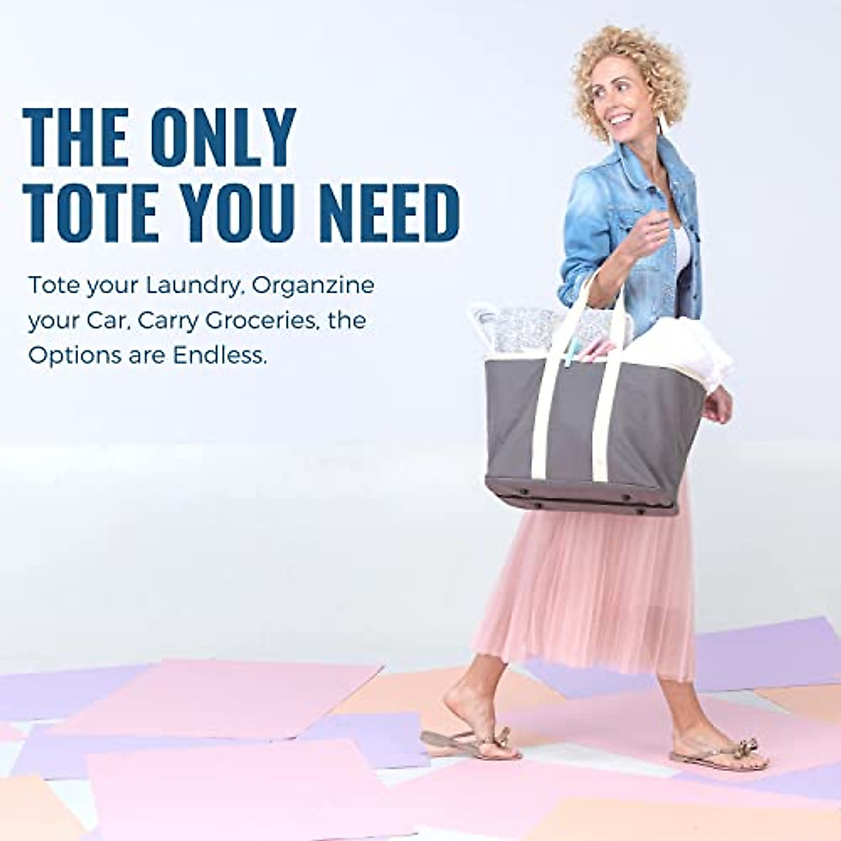 KITLIFE - Pop Up Laundry Tote –Collapsible Laundry Basket–Versatile Fabric Laundry Basket / Car Organizer / Grocery Bag, Navy