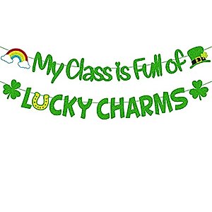 My Class is full of Lucky Charms Banner St. Patrick Day Decoration Saint Patrick Green Three Leaf Clover Shamrock Garland for Irish Day Decor Lucky Themed Preschool Birthday Bday Engagement Baby Shower Bachelorette Party Anniversary Celebration Supplies