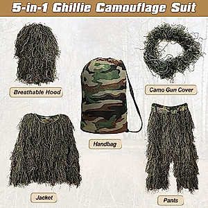Ghillie Suit for Men, 5 in 1 Ghillie Suit Superior Camo Hunting Clothes for Men/Kids/Youth Hunters, Military, Sniper Airsoft and Paintball