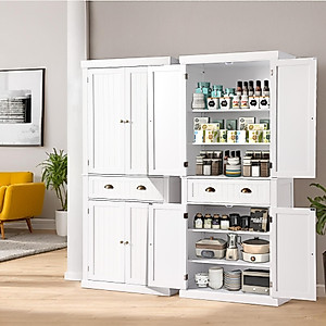 LOUVIXA 72" Kitchen Pantry Storage Cabinet, Freestanding Cupboard with 2 Cabinets, Drawer and Adjustable Shelves, Tall Storage Cabinet for Kitchen, Dinning Room, Living Room (White)