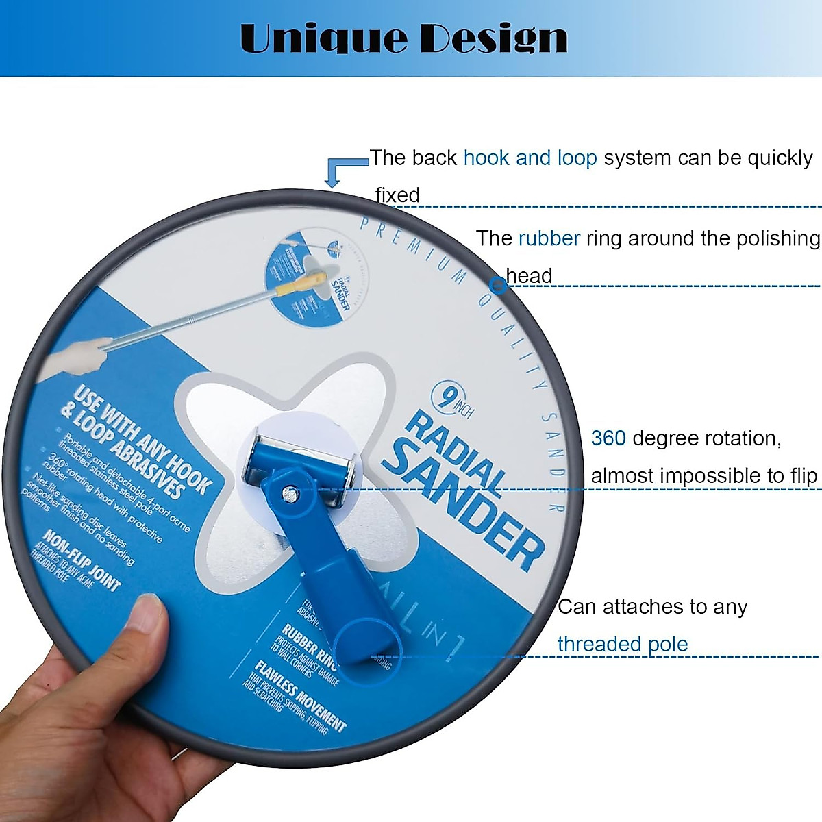 Tonmp 9 Inch Radial Hand Sander, 9" Hook and loop Hand Drywall Sander for Wall Cleaning and Polishing