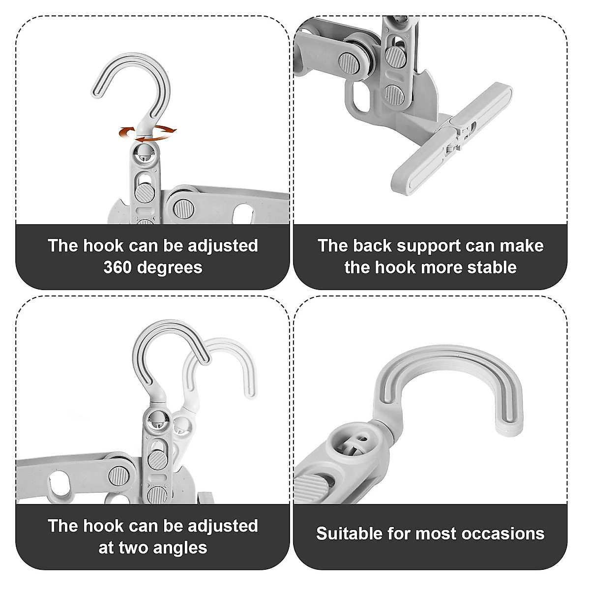 2pcs Folding Clothes Hanger, Portable Folding Hangers for Travel with 5 Holes Plastic Wall Mounted Laundry Drying Rack Coat Rack Clothes Accessories for Outdoor Camping Travel Bedroom Cabinets (Gray)