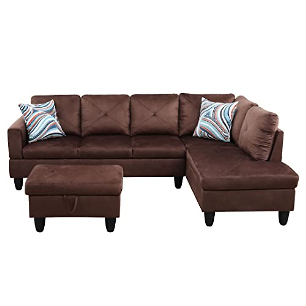 SOCOUCH Corduroy Fabric Sectional Corner Sofa, L-Shape Couch with Storage Ottoman, Living Room Furniture Sets Design for Large Space Dorm Apartment Office, Right Chaise, Brown
