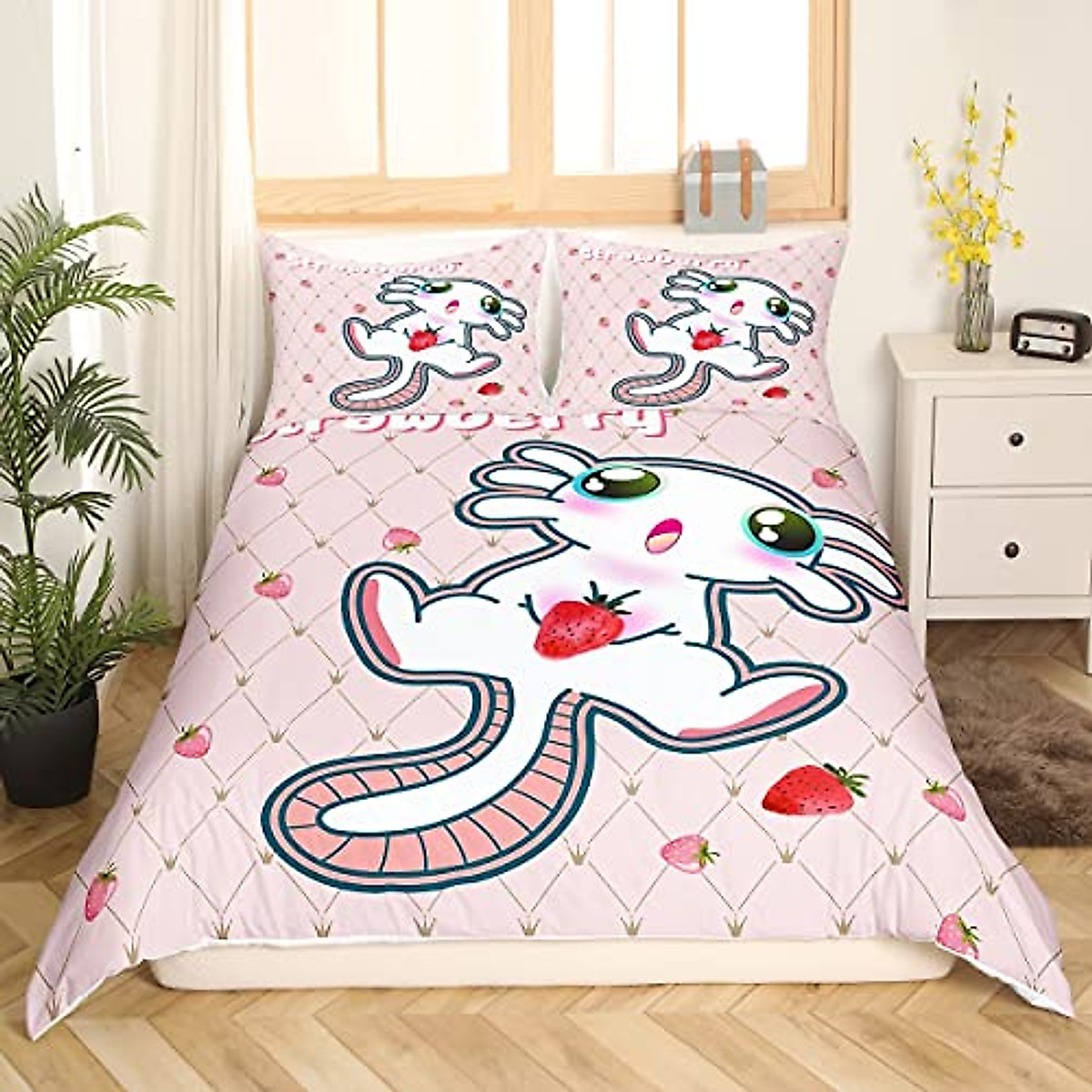 Erosebridal Kawaii Axolotl Beding Set Full Decor Sea Wildlife Comforter Cover Cute Rainbow Bed Sets for Girls Boys Bedroom Animal Pet Theme Duvet Cover Colorful Galaxy Bedspread Cover 3pcs