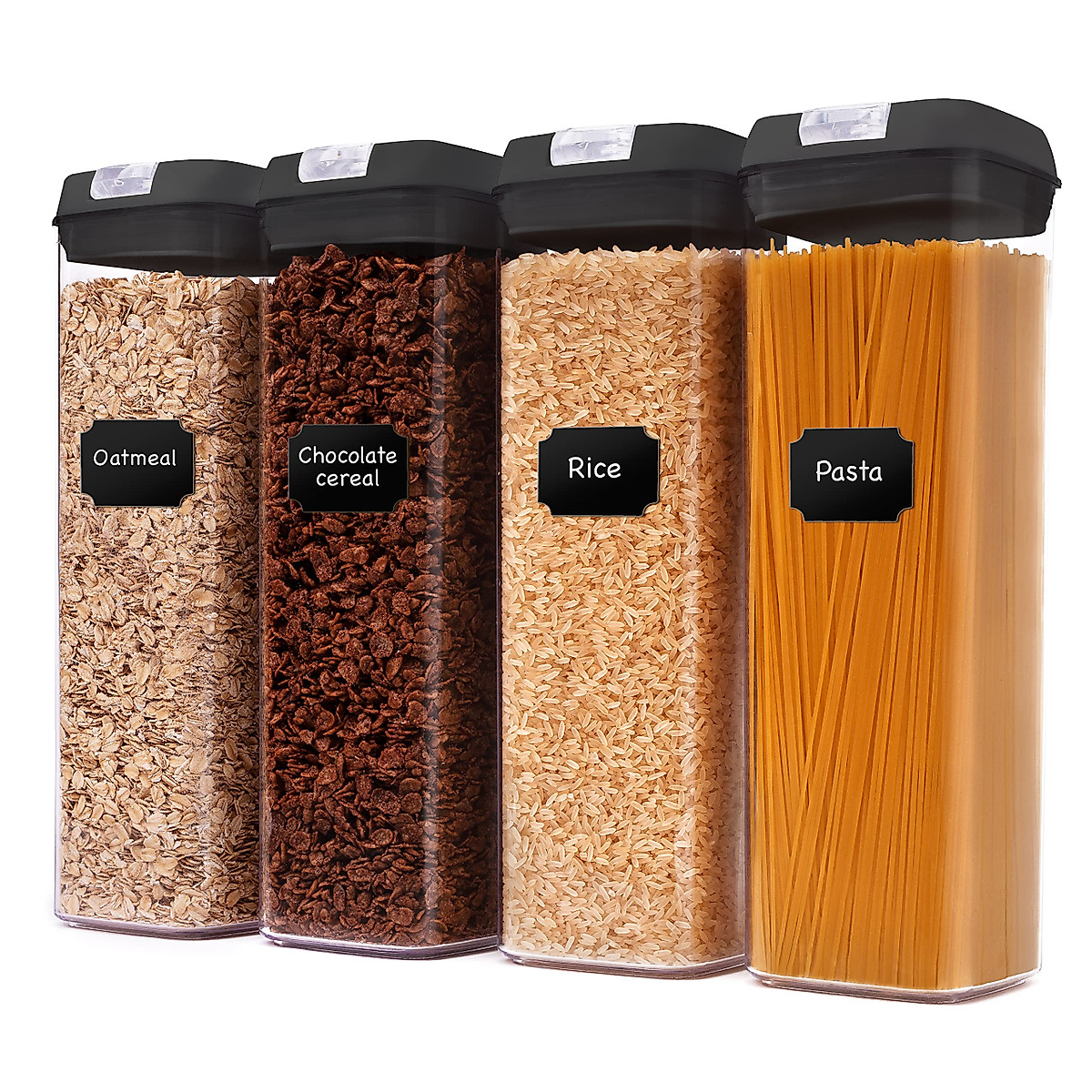 Cheer Collection One Size Airtight Food Storage Containers - Set of 4 IDENTICAL 65 oz Pantry Organizer Bins plus Marker and Labels - Black Lids