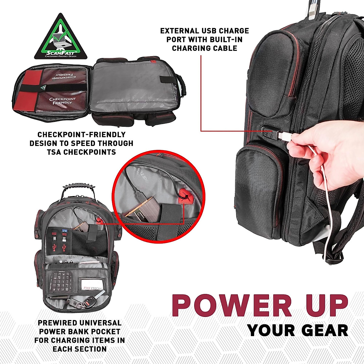 Mobile Edge Core Gaming Laptop Backpack, Molded Front Panel, 17 - 18 Inch, External USB 3.0 Quick-Charge Port and Built-in Charging Cable ScanFast TSA Checkpoint Friendly Black w/Red Trim MECGBP1