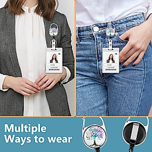 WoEluone Heavy-Duty Badge Holder Retractable Badge Reel with Belt Clip & Key Ring - Vertical ID Work Badge with Nature Tree of Life Design - Perfect for Office Workers, Nurses, Teachers, and Students