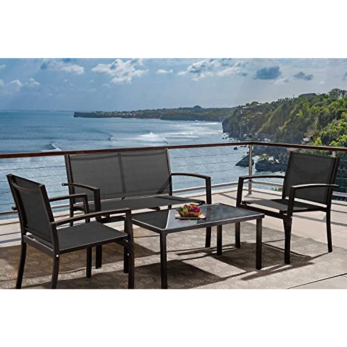 Tuoze 4 Pieces Patio Furniture Set Outdoor Conversation Set with Glass Coffee Table Bistro Set with Loveseat Garden Yard Lawn and Balcony (Black)