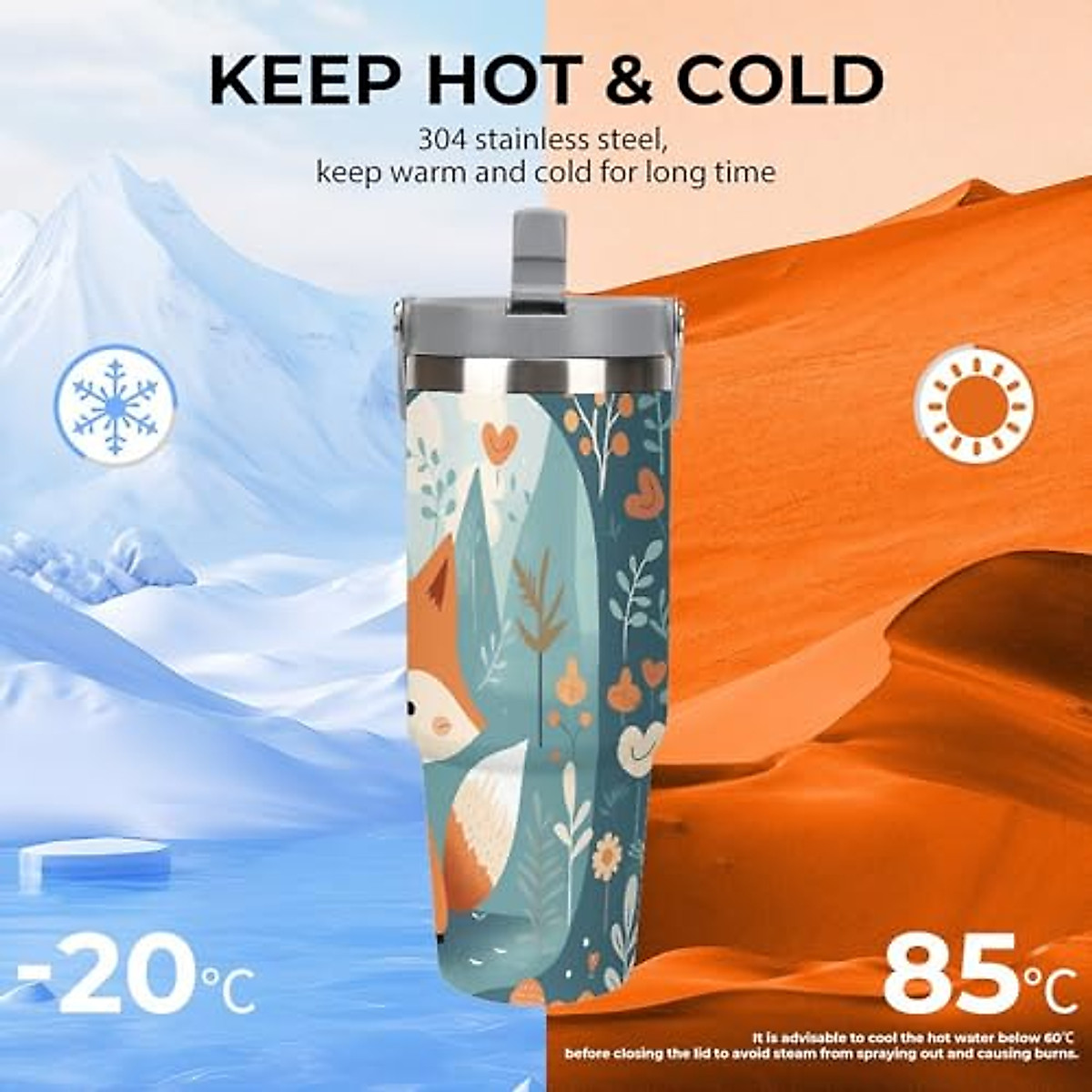 Fox And Heart 30oz Stainless Steel Insulated Tumbler with Straw & Foldable Handle - Leakproof, Double-Wall Vacuum Travel Thermos for Hot/Cold Drinks, Non-Slip Base, Fit Cup Holders