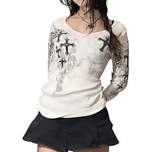 Y2K Fairy Grunge Long Sleeve Top Graphic Print Crop Top Tee Vintage Rhinestone Slim Fit Tee Shirt(ZCC-White,S)