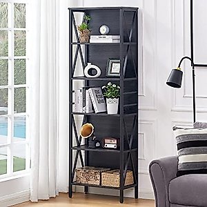 HOMISSUE Bookshelf, 6-Tier Bookshelf, Rustic Wood Metal Bookshelves and Bookcases, Freestanding Open Book Shelf, Industrial Tall Bookcase for Home Office, Living Room and Bedroom, Vintage Grey
