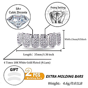 TOPGRILLZ Bottom Grills for Your Teeth Vampire Teeth Gold Diamond Grillz Teeth Iced out 18K Gold Plated Hip Hop Rapper Costume Extra Molding Bars(Silver 6 Teeth Bottom)