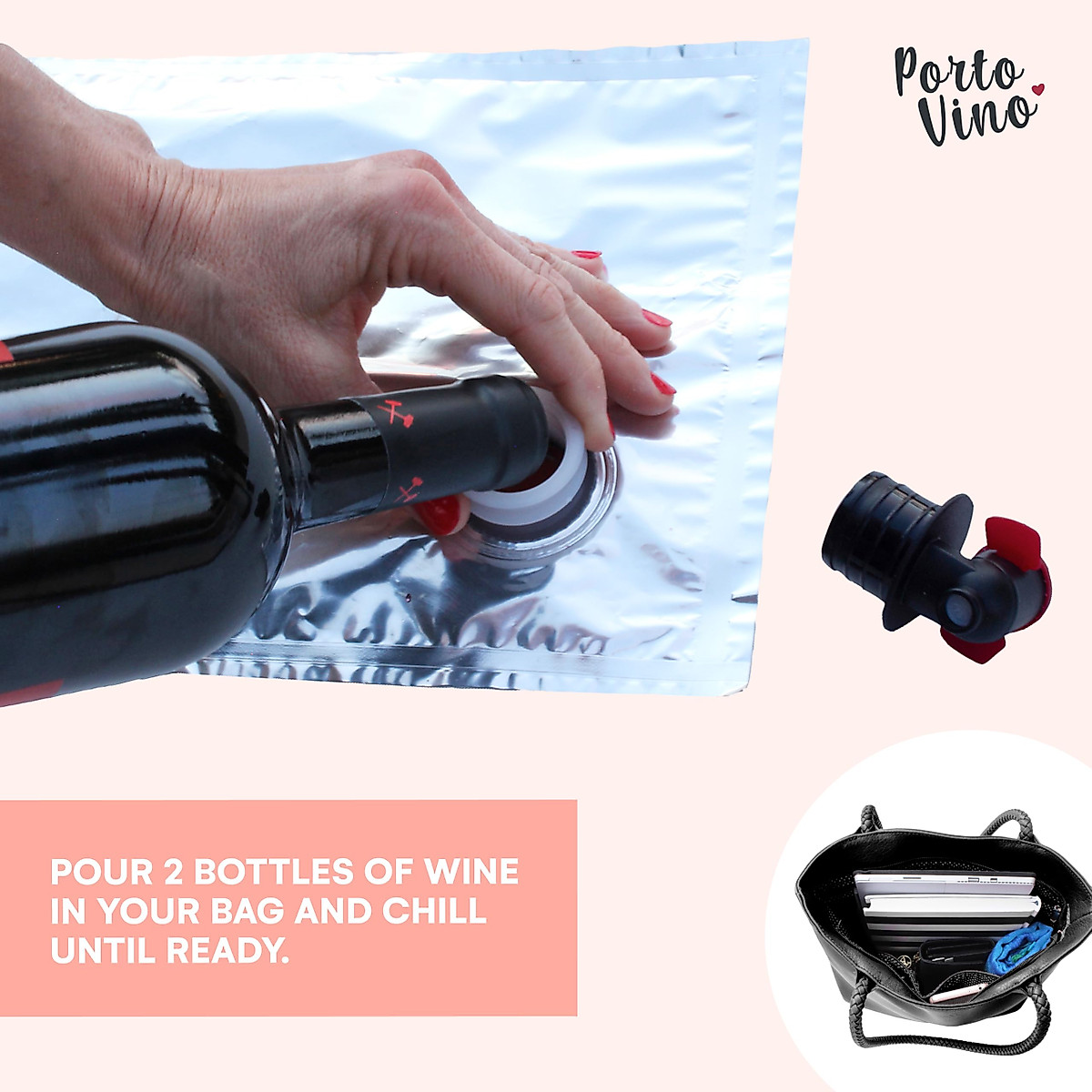 PortoVino Double Pour Vegan Leather Tote Bag with Hidden Insulated Flask Compartment and Dispenser with Spout that Hold 2 separate Bottles Of Wine! Perfect for Traveling, Concerts, Bachelorette Party!