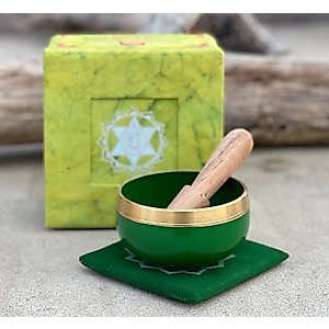 DharmaObjects Tibetan Heart Chakra Premium Palm Size Singing Bowl Gift Box Set