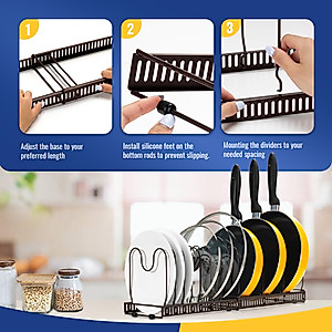 Damita Expandable Pot and Pan Organizer Rack for Cabinet, 2 Pack Pot Lid Holder with 10 Adjustable Compartments - Ideal Kitchen Cabinet Organizer for Cutting Board, Frying Pan, and More (Brown)