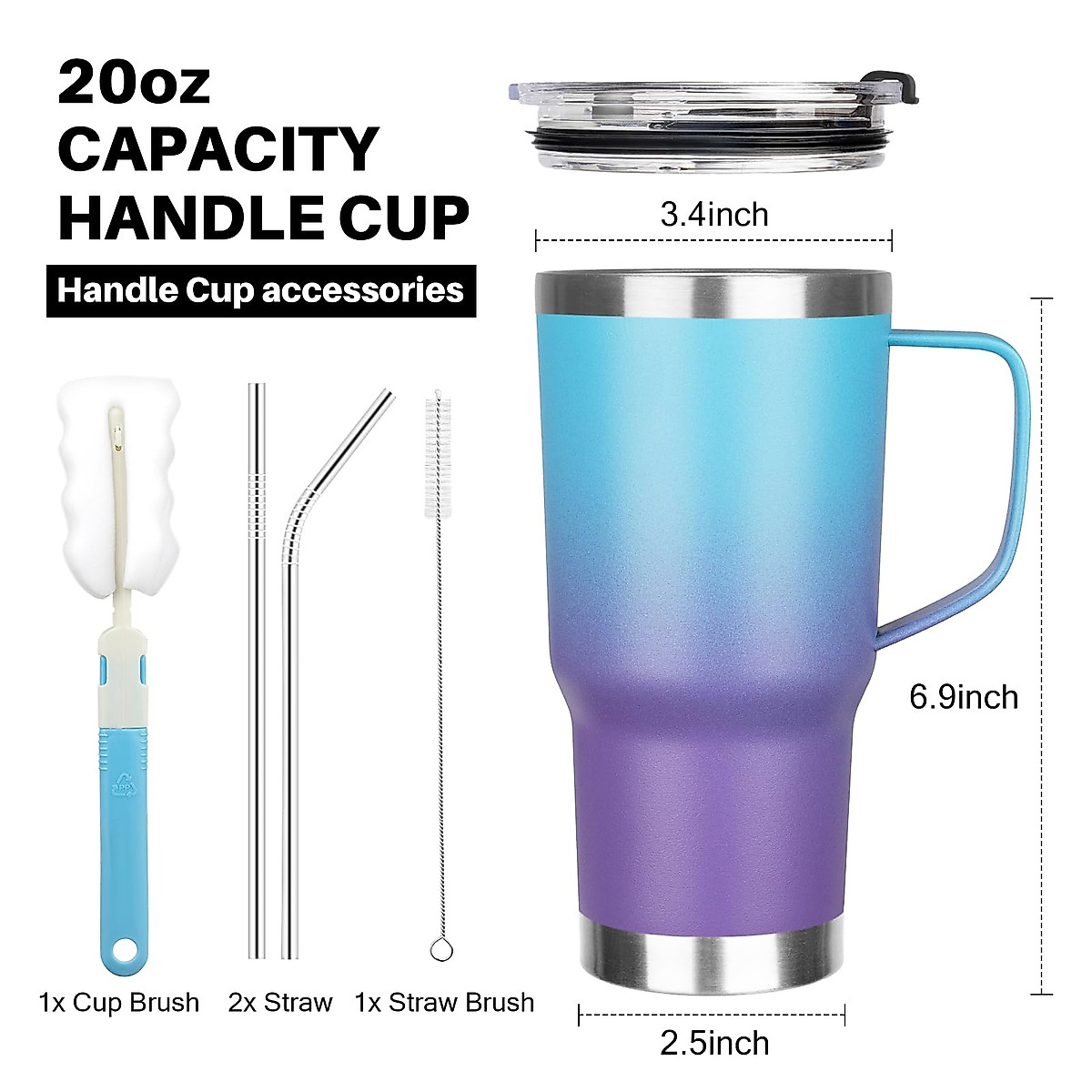 GUDEMAO 20 oz Tumbler with Handle, Stainless Steel Insulated Tumbler with Lid and Straw, Double Wall Vacuum Insulated Coffee Mug Tumbler, Insulated Coffee Thermal Cup for Cold and Hot（Blue Purple）