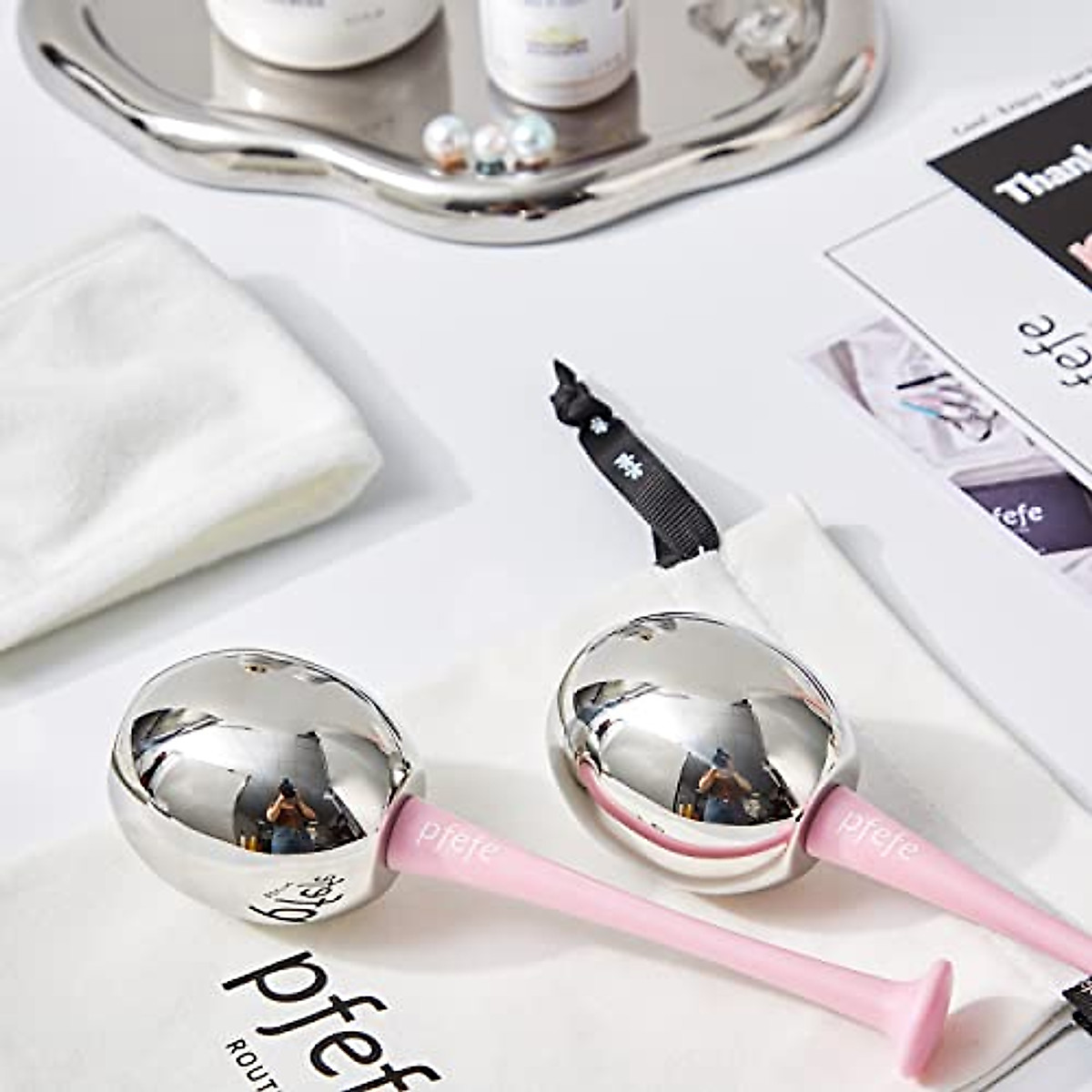 pfefe Ice Globes Facial Skin Care Freeze Tools for Women Face & Eyes, Stainless Steel Face Beauty Cryo Sticks Roller for Girls Ladies, Cooling Spa Globes with Storage Case