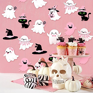 Ceenna 9 Pcs Halloween Baby Shower Decorations Pink and Black Paper Garland Banner Little Boo Bat Witch Hat Cat Hanging Decorations for Girl Birthday Party Favor Supplies