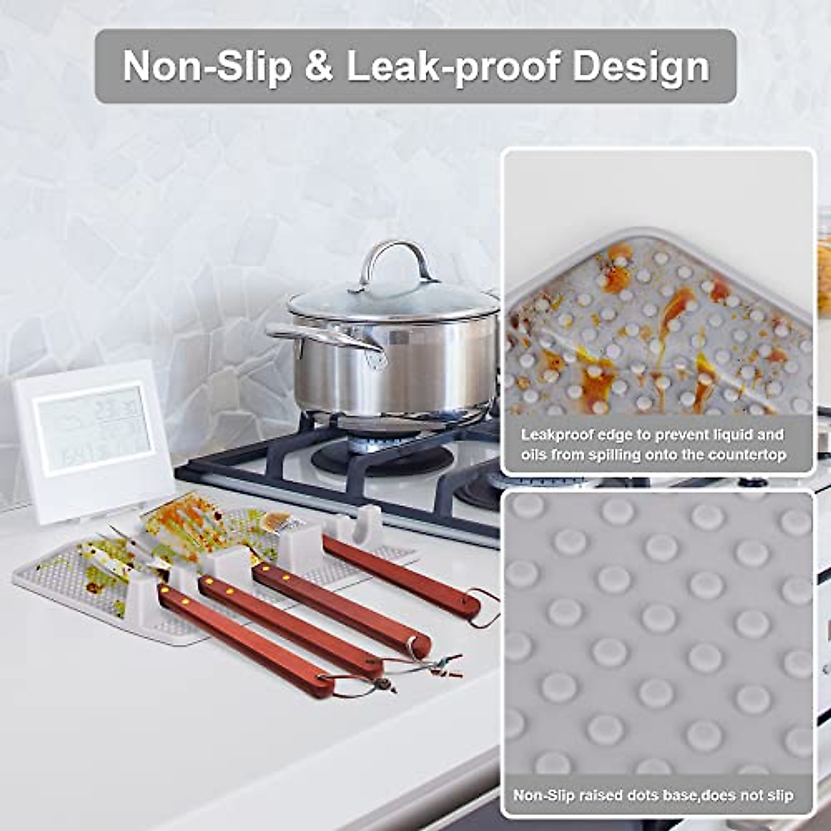 Arrozon 2 in 1 Silicone Utensil Spoon Rest Kitchen Counter with Drip Pad, 4 Slots Larege Spoon Spatula Holder for Stove Top, BPA-Free Heat-Resistant Non Slip Kitchen Utensils Mat(grey)