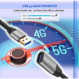 MutecPower 50 Feet Active USB 3.0 Male to Female Extension Cable USB A Repeater Extender Cord with 2 boosters & USB Power Supply - Black 15m – Compatible with Laptops, Hard Drives, Xbox, PS4, VR etc